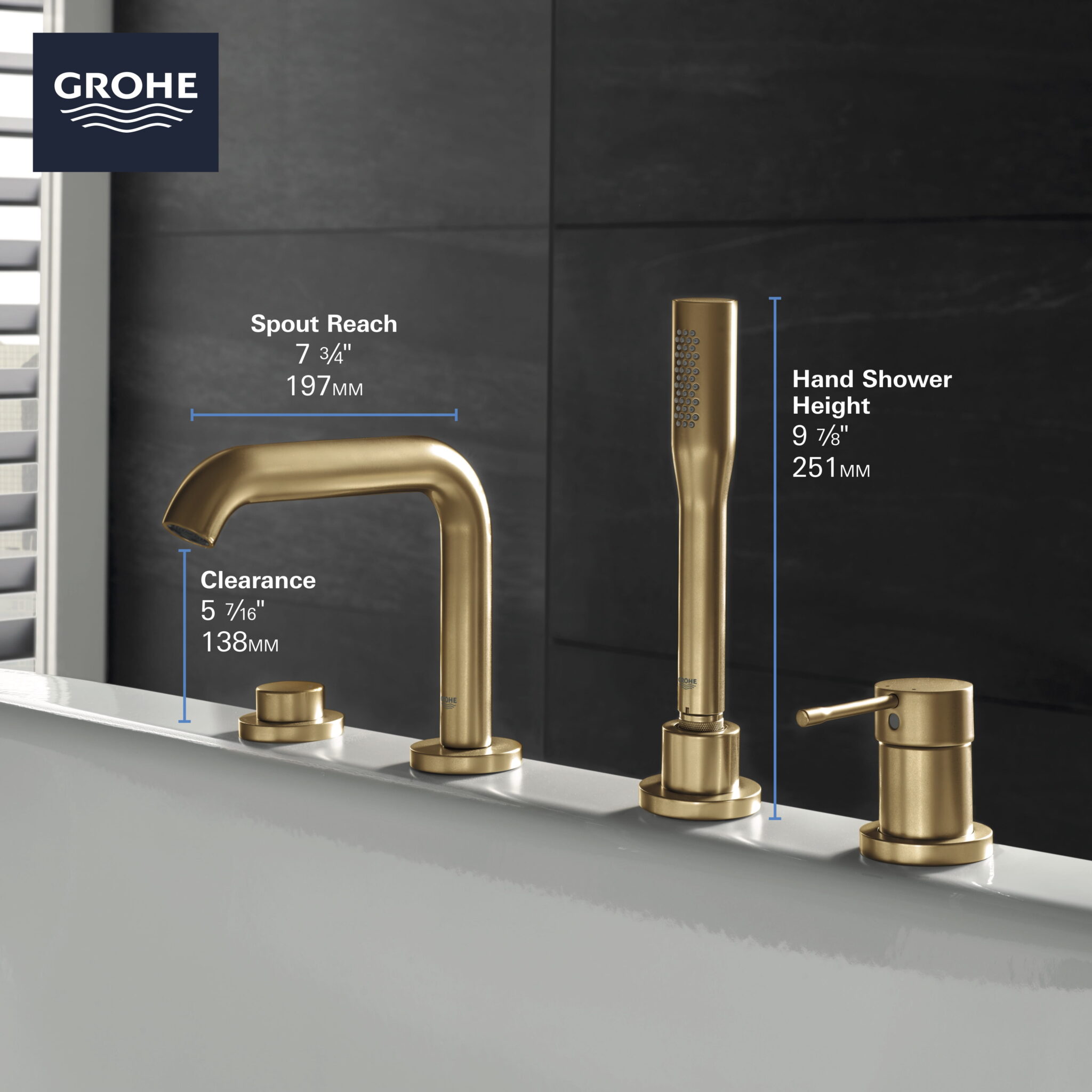 GROHE ESSENCE NEW 4-HOLE SINGLE-HANDLE DECK MOUNT ROMAN TUB FAUCET WITH ...