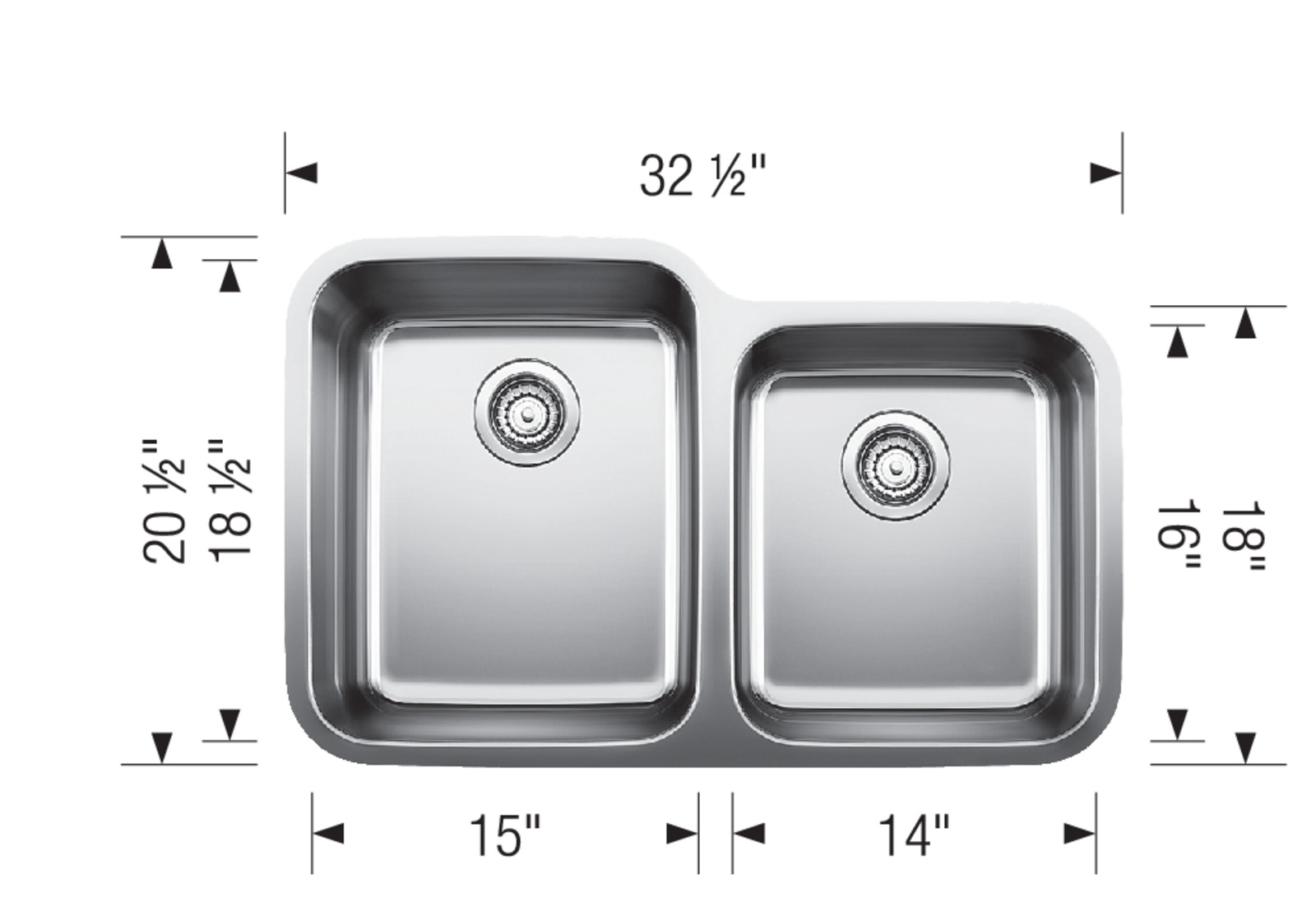 BLANCO 32"X 20" STELLAR U 1.75 BOWL UNDERMOUNT KITCHEN SINK - STAINLESS