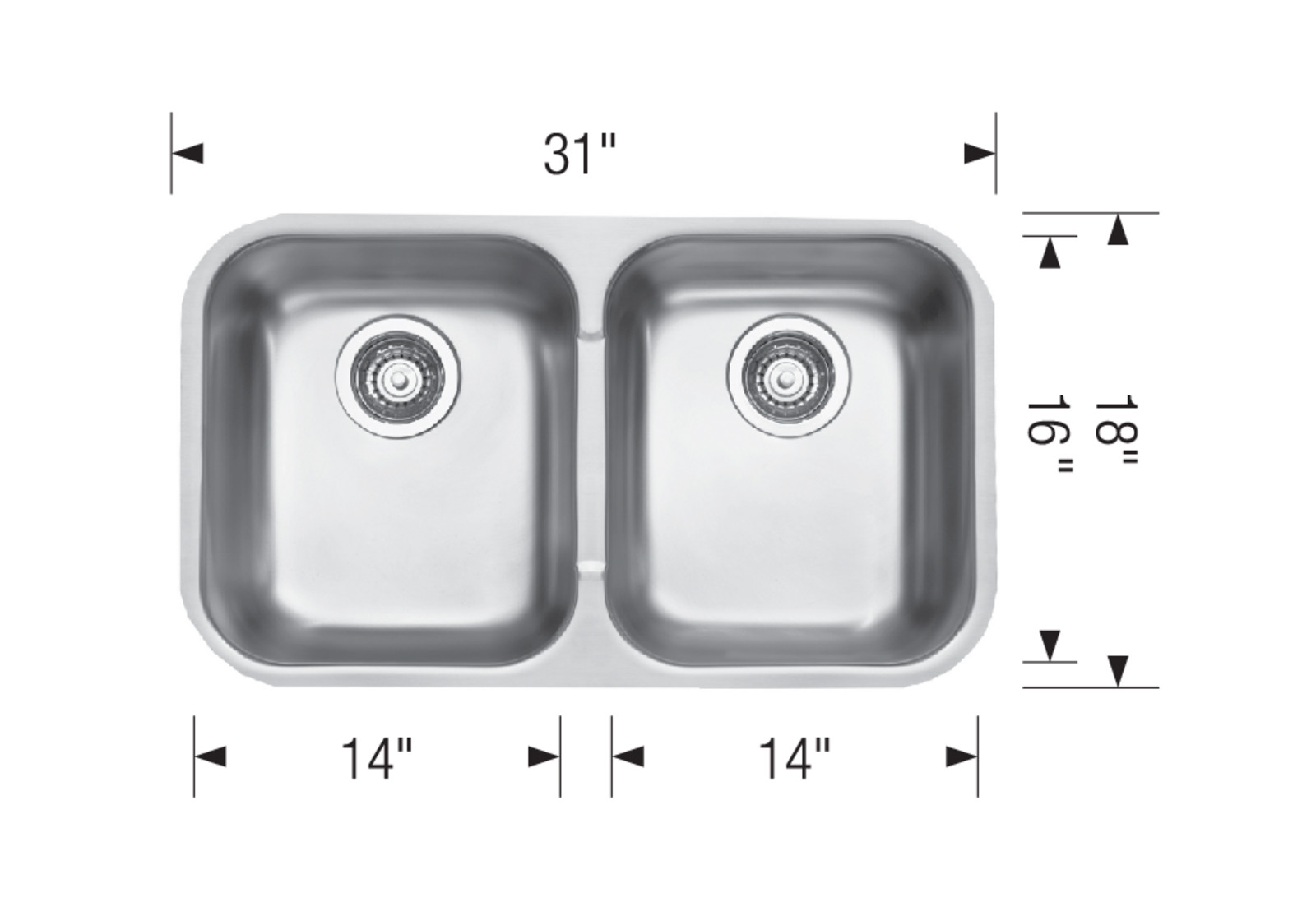 BLANCO 31"X18" HORIZON U 2 BOWL UNDERMOUNT KITCHEN SINK - STAINLESS