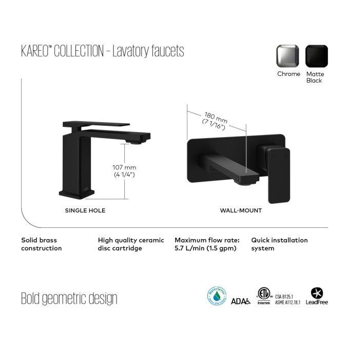 Kalia Canada KAREO Wall-mount lavatory faucet with push drain