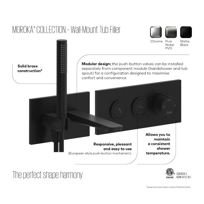 Kalia Canada MOROKA Wall-mount Tub Filler with Push-Button Valve