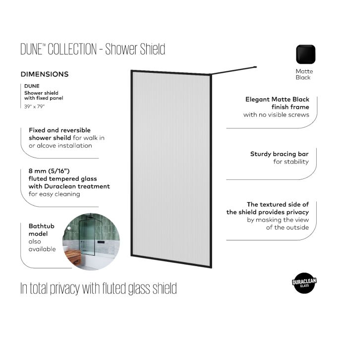 Kalia Canada DUNE Framed Shower Shield Matte Black Fluted Glass