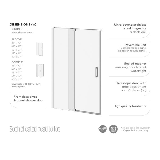 Kalia Canada DISTINK 54” x 77” pivot shower door with 32” return panel