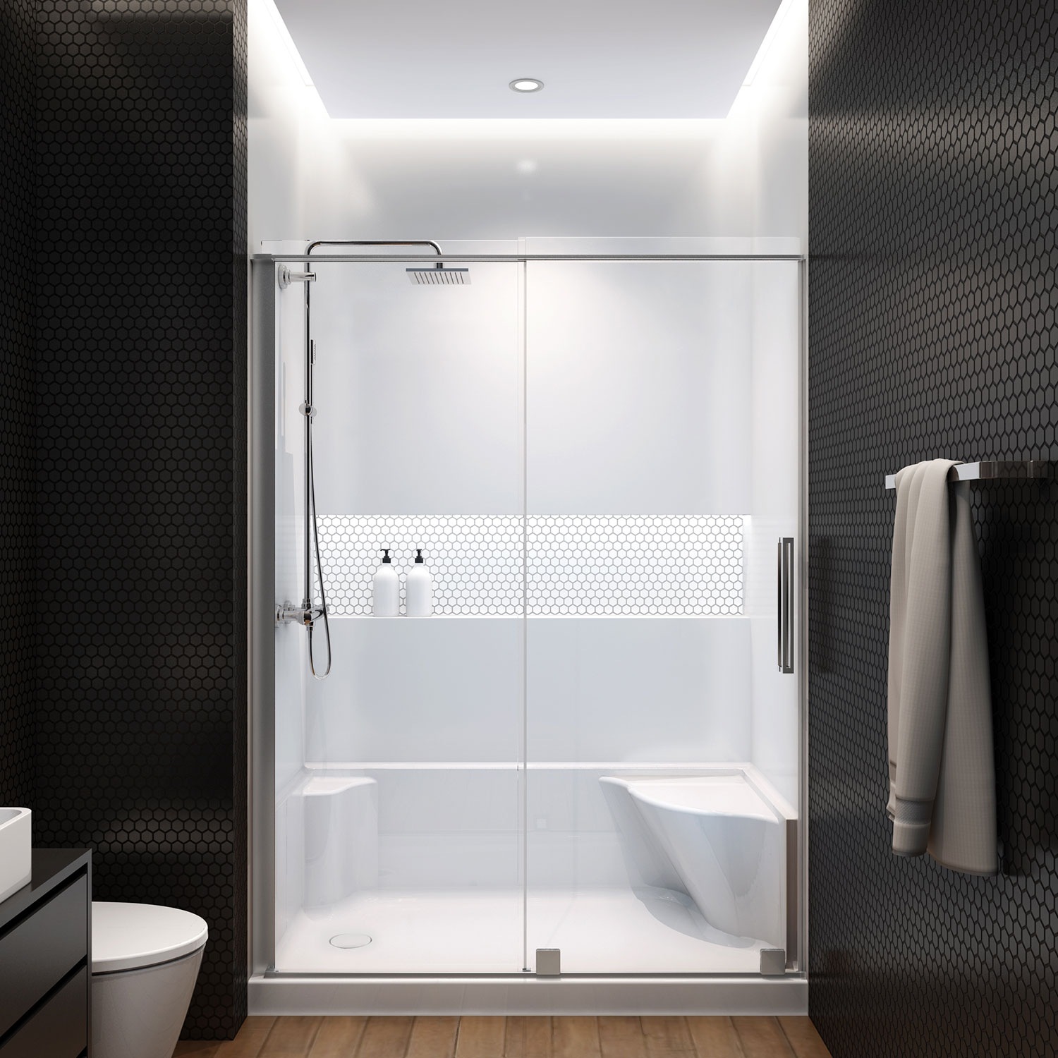 Zitta Acrylic Molded seat shower base, 60" x 32", in alcove with left ...