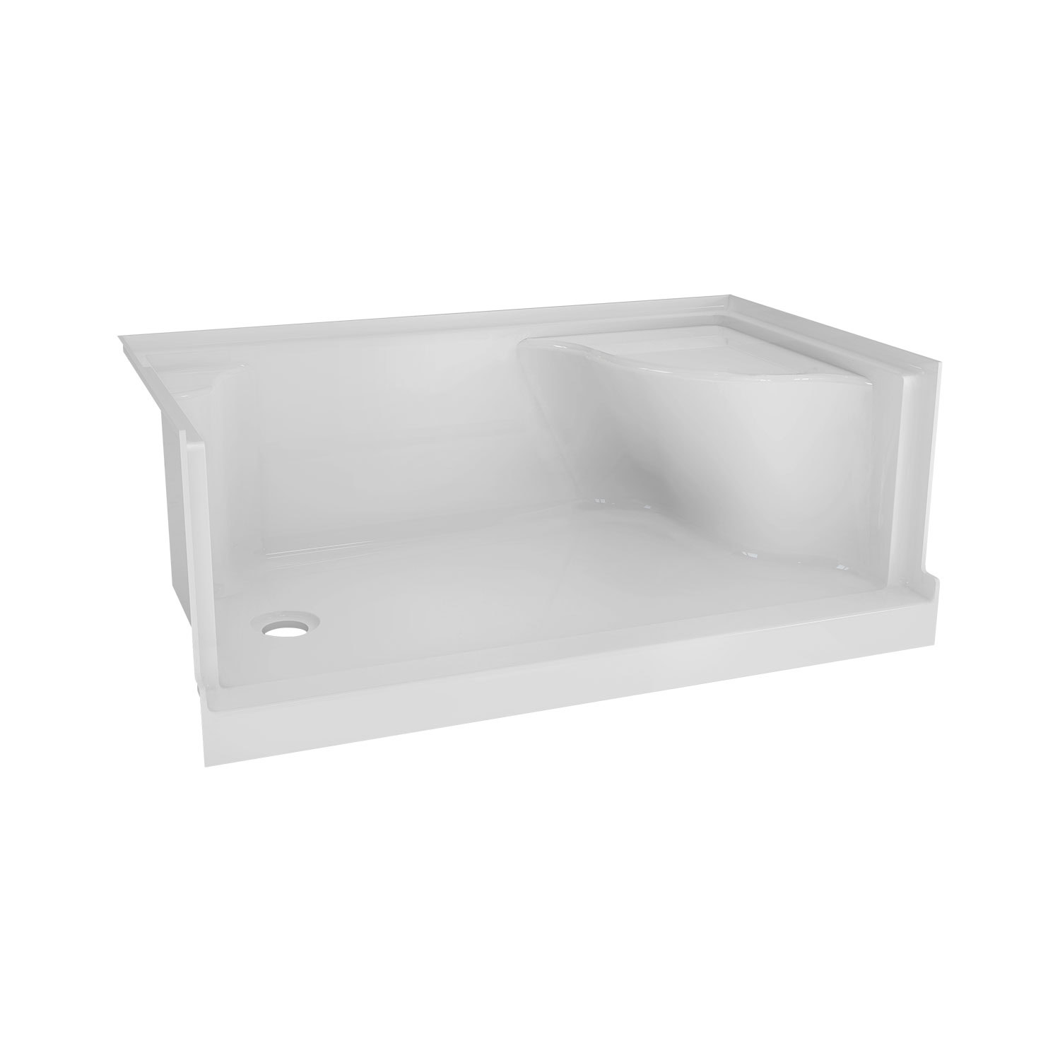 Zitta Acrylic Molded seat shower base, 60" x 32", in alcove with left ...