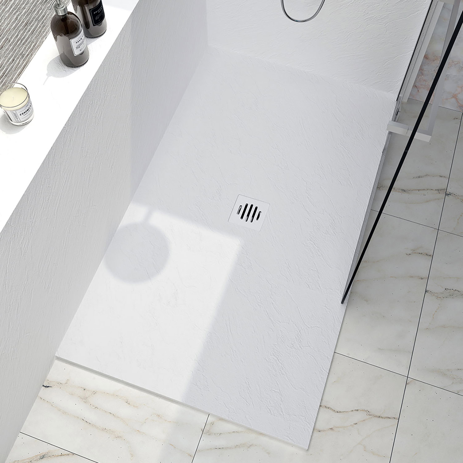 Zitta Resin Shower base Slate 42 x 36, in a corner, wall on the right side